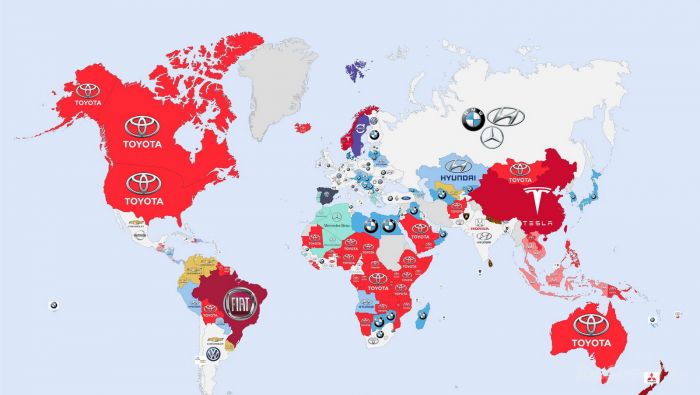 This world map shows the most Googled car manufacturer for each country ...